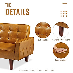 IULULU Futon Sofa Bed, Modern Convertible Faux Leather Sleeper Couch with Armrests for Studio, Office, Apartment, Compact Living, Game Room, Overnight Guests, Brown