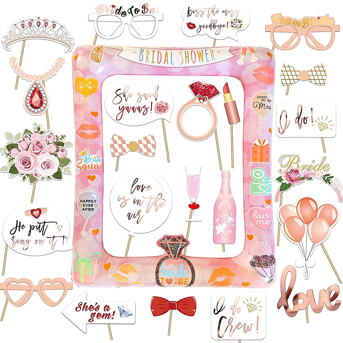 23 PCS Wedding Bridal Shower Photo Booth Props and Inflatable Selfie Photo Frames,Rose Gold Bride to Be Selfie Photo Booth Frame Props,Wedding Decoration Bachelorette Engagement Party Favor Supplies