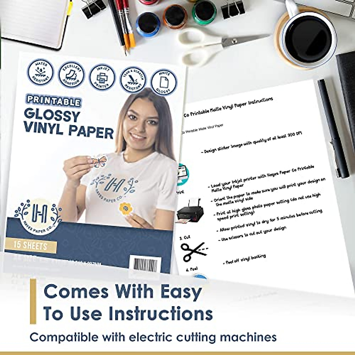 HAYES PAPER, Vinyl Sticker Paper for Inkjet Printers, 15 Premium Glossy White Waterproof Vinyl Sheets, A4 Size