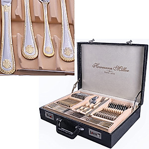 Hermann Miller Royal Family Collection 72 Piece Fine Flatware Silverware Set with Gift Carrying Case, Elegant Design, Serves Parties 12 people, Perfect Housewarming Graduation for Loved Ones, Gold