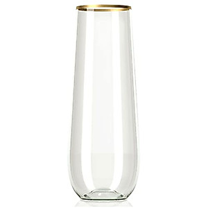 30 Plastic Stemless Champagne Flutes - Disposable Unbreakable 9 Oz toasting glasses, With Gold rim | Reusable, Clear, Fancy & Shatterproof Champagne Glasses - Ideal for Weddings, Birthdays, Parties
