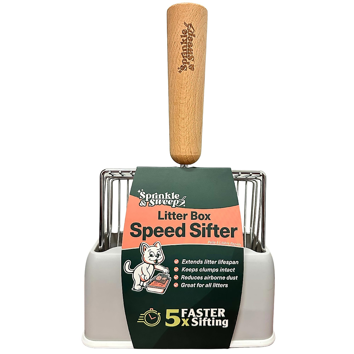Sprinkle & Sweep Cat Litter Scoop - Heavy Duty Litter Scooper & Speed Sifter with Comfortable Beech Wood Grip - Metal Cat Litter Scoop, Washable Convenient Stand for Easy and Efficient Cleaning