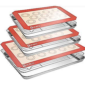 Stainless Steel Baking Sheet Tray Cooling Rack with Silicone Baking Mat Set, Cookie Pan with Cooling Rack, Set of 9 (3 Sheets + 3 Racks + 3 Mats), Non Toxic, Heavy Duty & Easy Clean