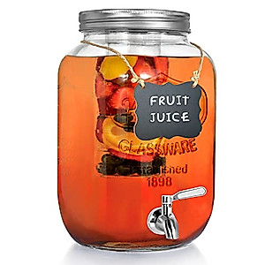 2-Gallon Glass Drink Dispenser for Parties, Beverage Dispenser with Stainless Steel Spigot, Fruit Infuser, Marker & Chalkboard - 100% Leakproof Water Dispenser for Lemonade & Laundry Detergent