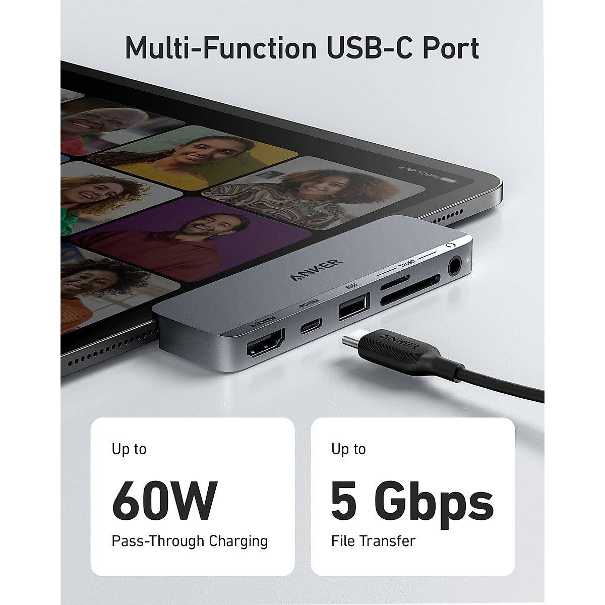 Anker USB C Hub for iPad, 541 USB-C Hub (6-in-1) with 4K HDMI Port, Multi-Function USB-C Port, USB-A Data Port (Gray) 8K@60Hz HDMI Cable