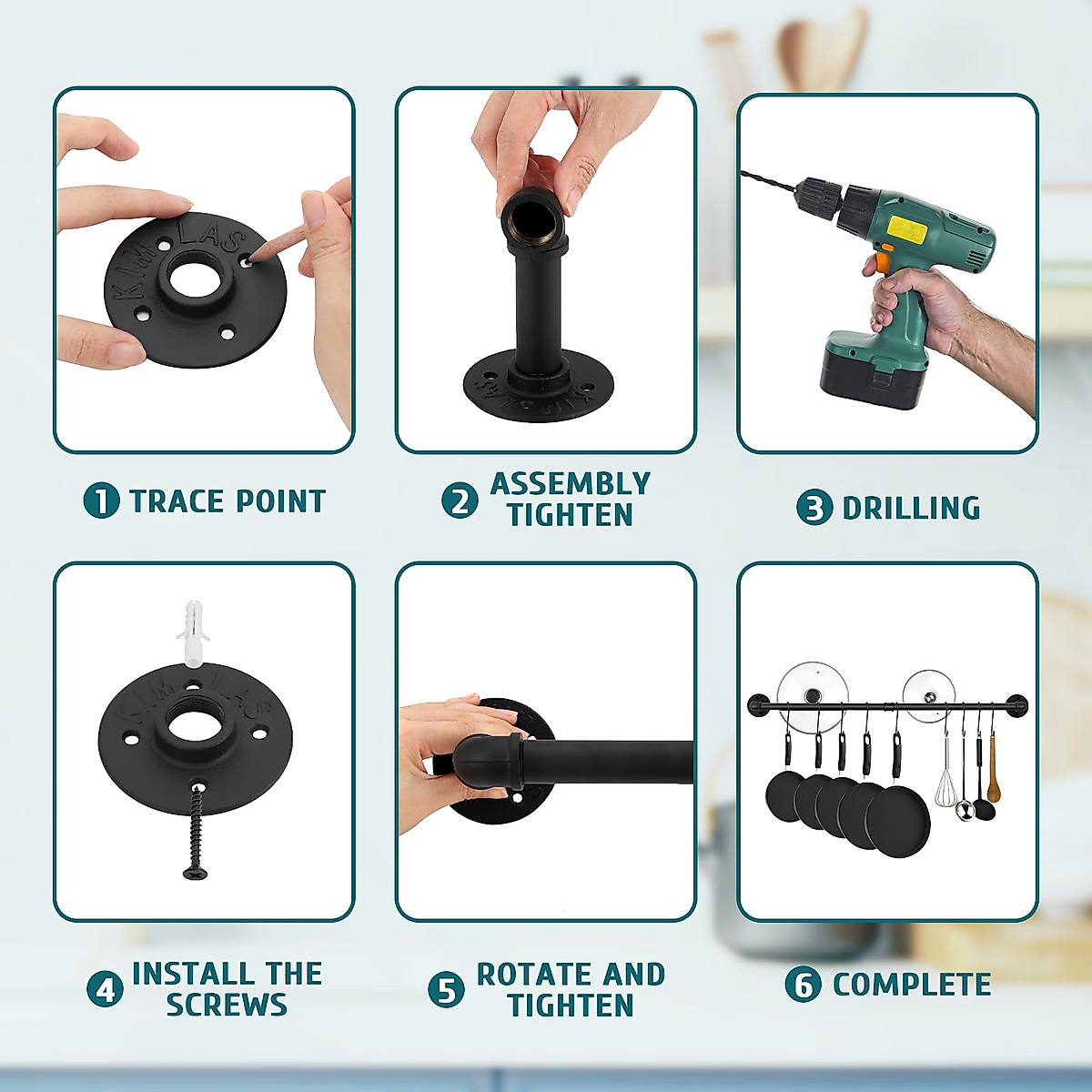 SUJOER 39.4 inch Pot Rack Wall Mounted with 15 Hooks, Hanging Pot Pan Organizer Rack,Utensil Industrial Pipe Hanger,heavy duty Cast Iron Skillet Storage Rail,Cabinet Black Pots and Pans Storage