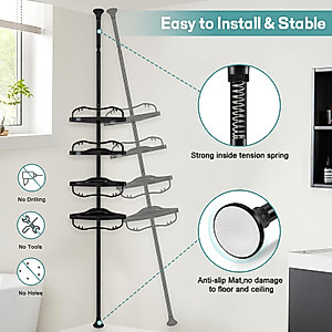 NEZHEIZERY Shower Caddy Tension Pole, Quick Installation Rustproof Corner Shower Caddy 56-125 Inch Adjustable Bathroom Organizer, 4 Tiers Plastic Shelves for Shampoo Storage