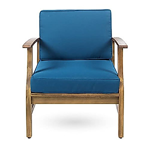 Christopher Knight Home Perla Outdoor Acacia Wood Club Chairs with Water Resistant Cushions, 2-Pcs Set, Teak Finish / Blue