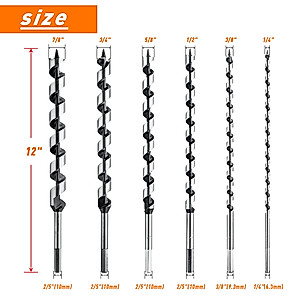 NICAVKIT 6Pcs 12-Inch Long Auger Drill Bit Set for Wood, 1/4"-7/8" Inch Hex Shank Ship Auger Drill Bit for Soft and Hard Wood, Plastic, Drywall and Composite Materials