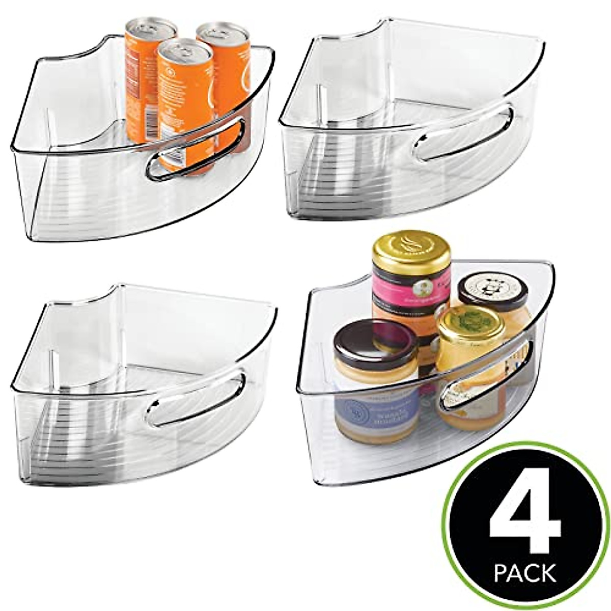 mDesign Plastic Lazy Susan Cabinet Storage Bin with Front Handle for Kitchen Countertop, Pantry, Shelf, Fridge Organization - Hold Food, Drinks, Snacks, Fruit, Vegetables - 4 Pack - Smoke Gray