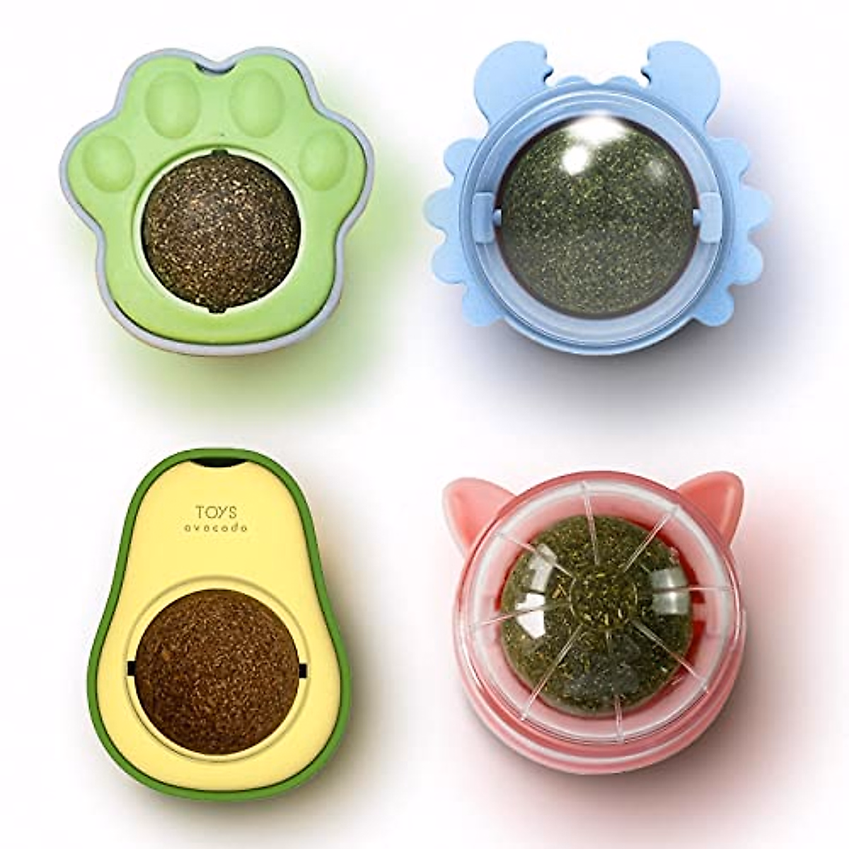 BOXTOHEART 4 Pack Catnip Ball Toys, Edible Organic Balls for Cats and Kittens - Crab Avocado Snail Shapes, Wall Mountable for Engaging Play, Teeth Cleaning, and Hairball Relief (4-Pack-E)