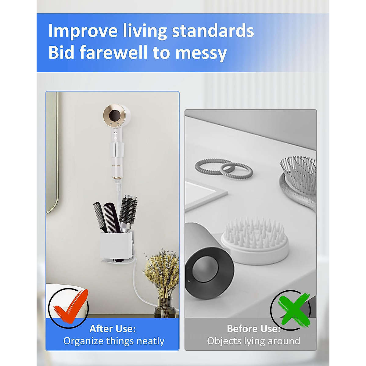 CozyOasis Hair Dryer Holder Wall Mounted Adhesive Blow Dryer Rack Storage Hanger Organizer for Bathroom Vanity Soporte para Secadora de Pelo (White)