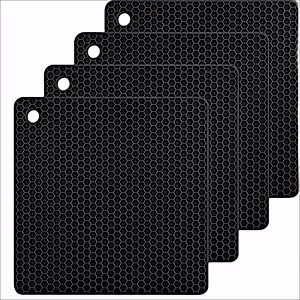 Hotsyang Silicone Trivets Mats Set,Silicone Hot Pads and Trivets, Silicone Trivets for Hot Dishes,Hot pots and Pans,Black Silicone Hot Pads for Kitchen Table,Square Silicone Trivets Mats Set of 4 Pcs