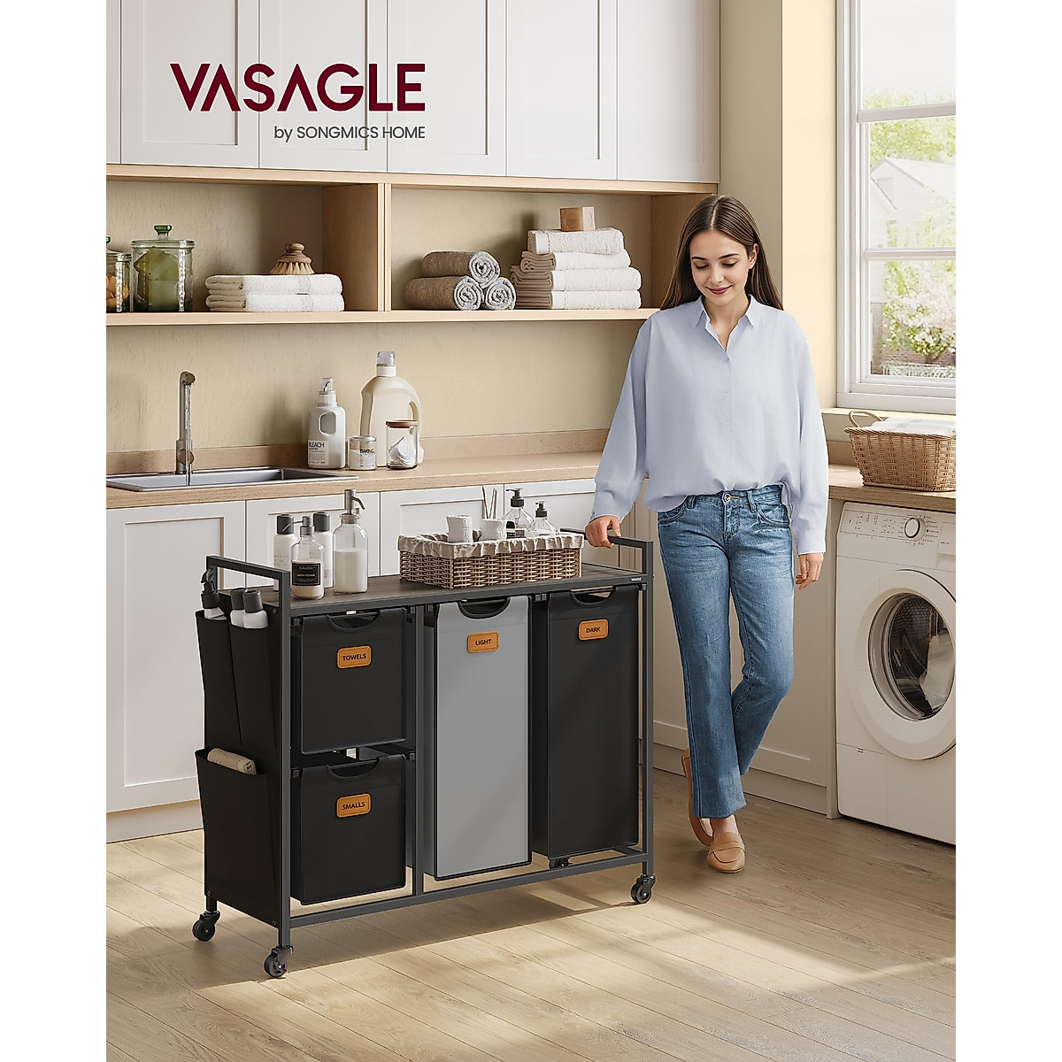 VASAGLE Laundry Hamper with 4 Compartments, 39.6 Gal. (150 L) Laundry Sorter, Rolling Laundry Cart with Shelves, Small Side Pockets, 6 Labels, Chestnut Brown, Ink Black and Dove Gray UBLH203B01