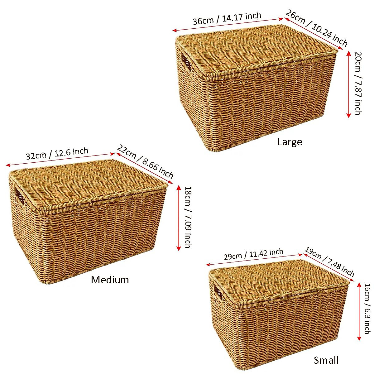 RT&BS Set of 3 Wicker Storage Basket with Lid, Handwoven Storage Basket Box - Organizer for Toys Books Fruits Stationery