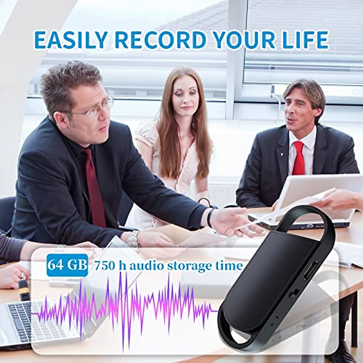 64GB Voice Recorder with Playback, Keychain Voice Activated Recorder with Triple Noise Reduction, Mini Recorder with 750 Hours Storage and 30 Hours Battery Time, for Class Lecture, Interview, Meeting