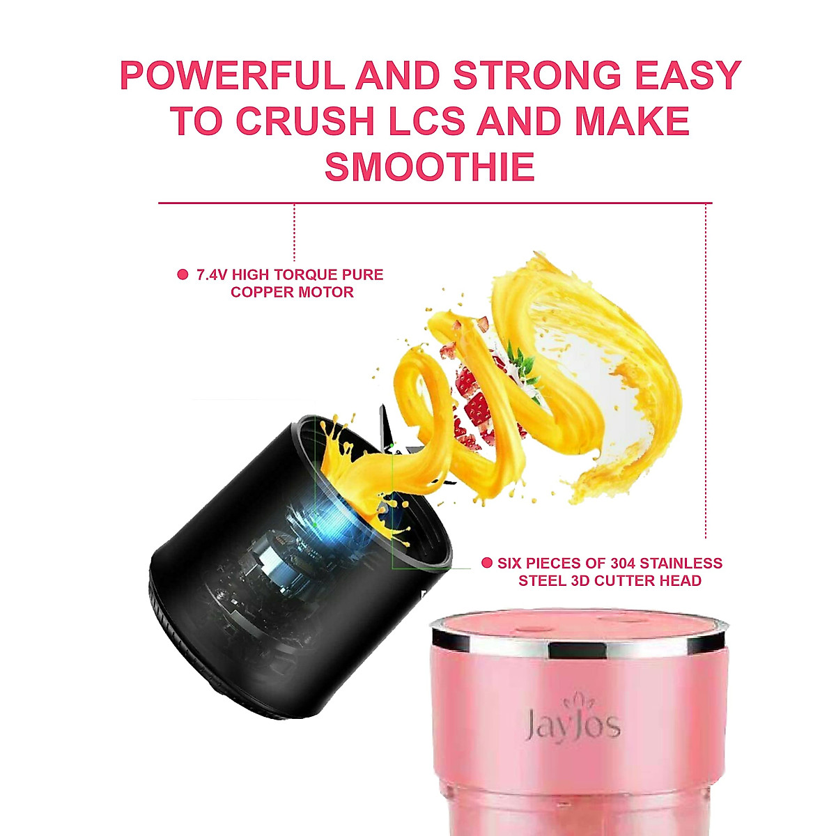 JayJos Portable Blender Smoothie Juicer Cup USB Rechargeable Home Travel Personal Mini size, Electric Powerful Sports (Pink)
