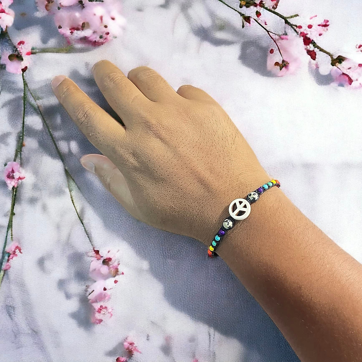 Nove Jewelry Leather Peace Sign Hemp Bracelet - Handmade Bracelet - Adjustable Bracelet (Raibbow White)