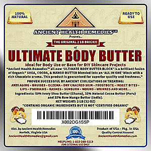 ANCIENT HEALTH REMEDIES Organic Shea, Cocoa, Mango Butter ULTIMATE BODY BUTTER Raw, Unrefined Skincare Ingredient for Homemade DIY Lotion Making, Baby Care and Hand Creams (USA) (2 LB)