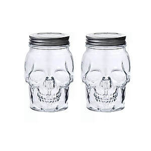 DURA LIVING Set of 2 Skull Mason Jar Glasses with Lids | 16oz Reusable Halloween Drinking Glasses | Unique Skull Décor, Storage, & Canning Jars for Parties & Gifts