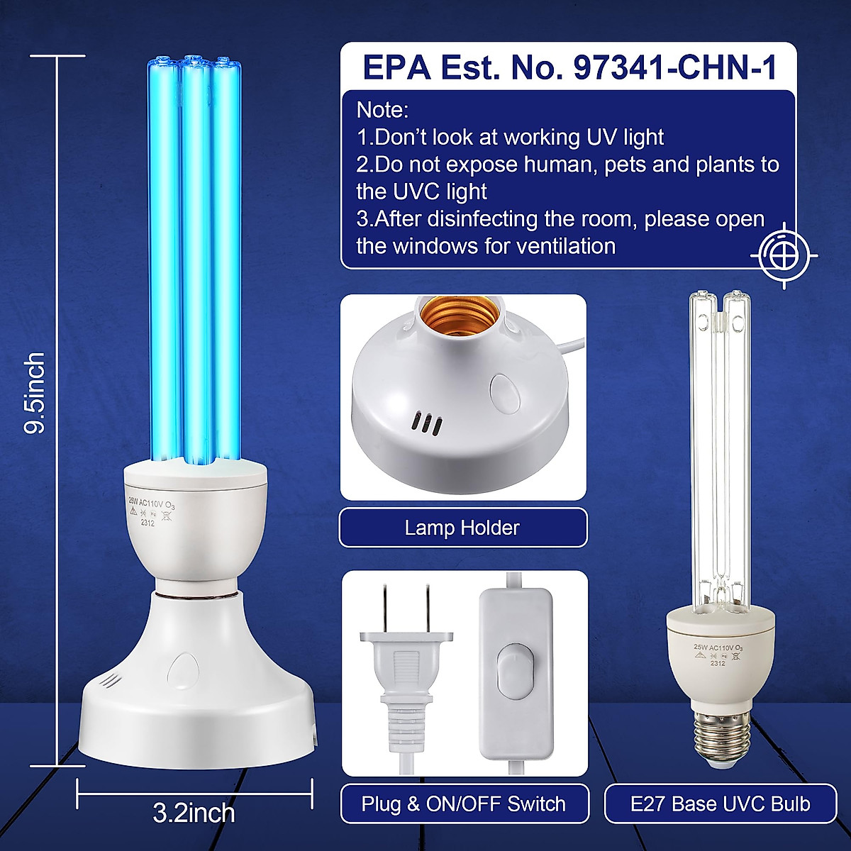 Qualirey 25 Watt UV Light Sanitizer, UVC Lamp with E27 Base and Remote Control, UV Light Bulb for Basement/Bedroom/Kitchen, with Ozone