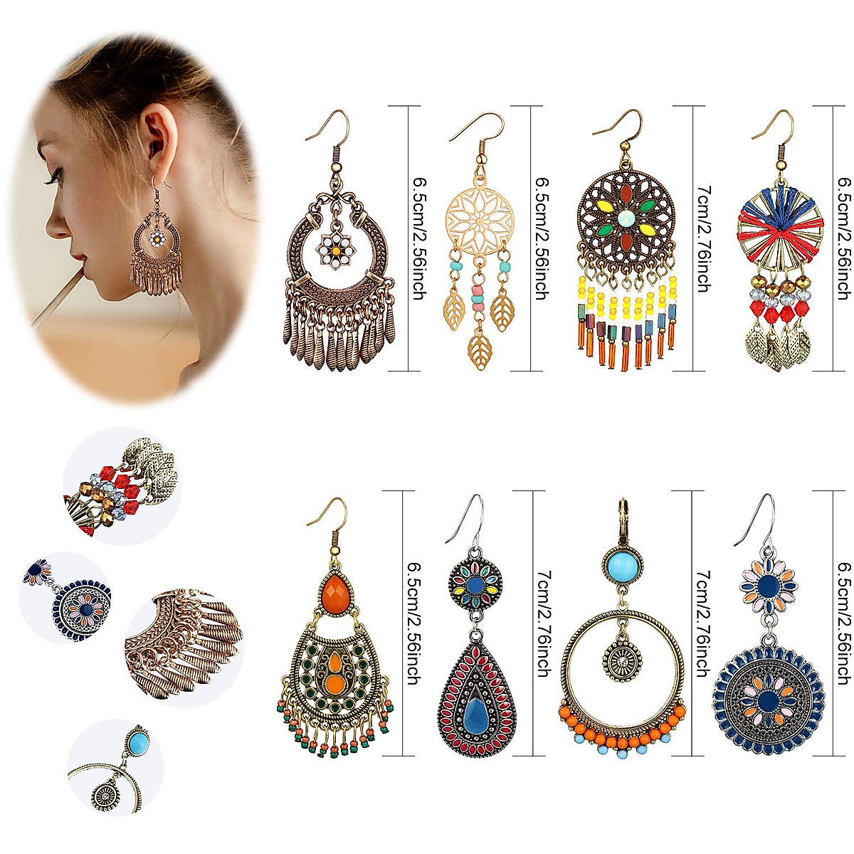 8 Pairs Bohemian Earrings for Women Dangle Earrings Retro Metal Hollow Earrings Boho Hoop Earrings Set (Vibrant Style)