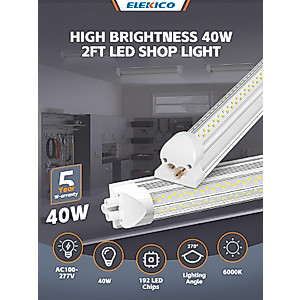 ELEKICO 4 Pack 2ft Led Shop Lights, 6000k 40w 5600lm 24 Inch Led Light Fixture Power Cord Wth on/Off Switch, Linkable 2ft Led Shop Light for Small Garage Ceiling Storage Area Workbench Basement Attic