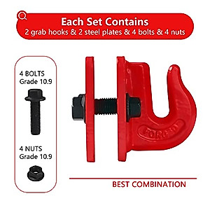 2Pack 3/8" Tractor Bucket Grab Hook, 17,000lbs Break Strength Grab Hooks with Grade 70 Forged Steel Tow Hook Bolt On Grab Hook for Tractor Bucket, RV, UTV, Truck and More (Red)