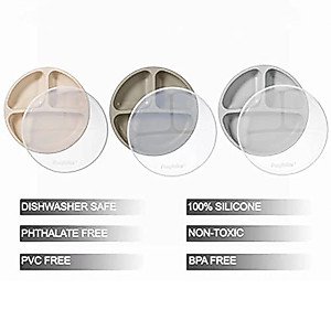 PandaEar Silicone Suction Plates for Babies & Toddlers, 3 Pack Divided Unbreakable Plates with Lid - Non-Slip - Dishwasher and Microwave Safe (Creamy Grey Brown)