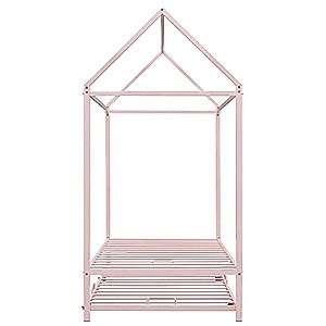 Merax Cute Montessori Bed with Trundle Twin, Metal Low House Daybed for Kids No Box Spring Needed/Space Spaving Pink