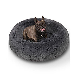 KSIIA Calming Dog Bed Anti-Anxiety Round Donut Dog Beds for Small Dogs Cat Beds for Indoor Cats Fluffy Comfort Small Dog Bed with Ultra-Soft Plush Washable Dog Bed with Non-Skid Bottom, 23", Gray