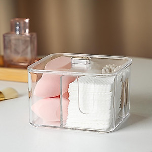 Qtip Holder, Cosmetic Items Storage Dispenser, 4 Compartments Bathroom Canisters for Cotton Swab, Cotton Ball, Cotton Pad Organizer, Clear Acrylic Containers with Lid for Bathroom Vanity Countertop