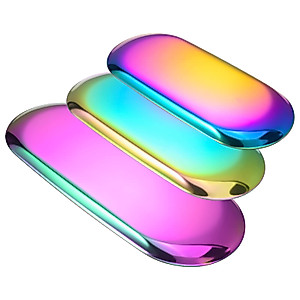 2 Pieces Rainbow Color Oval Stainless Steel Tray, Coffee Table Tray, Tray for Jewelry and Cosmetics, Candle Tray, Mini Candy Tray