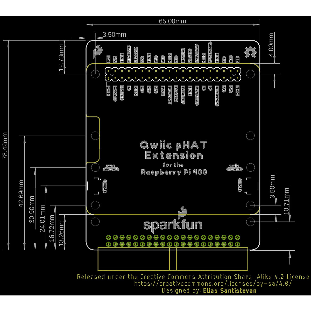 SparkFun Qwiic pHAT Extension Compatible with Raspberry Pi 400 (not Included) - extends 40 pin headers to a Vertical Position - 10 mounting Holes - 2X Qwiic Connections