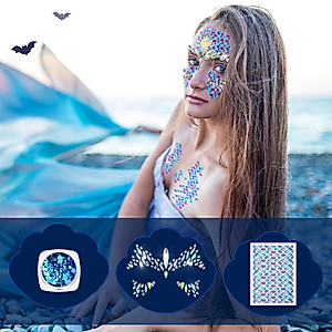 Jutom 21 Pcs Halloween Mermaid Costume for Women Make up Kit 4 Sheets Mermaid Scale Temporary Tattoos Stickers 9 Sets Body Face Jewels 8 Bottles Holographic Face Gems Glitter for Festival Rave Party