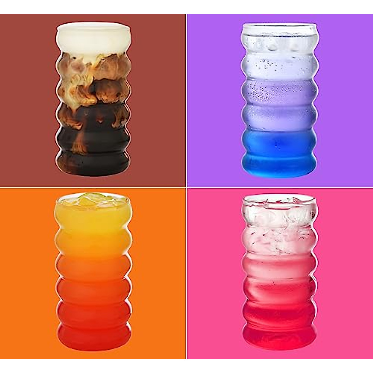 ALINK Ribbed Drinking Glass Cups with Straws Set of 4, 16 oz Aesthetic Iced Coffee Glasses, Wave Bubble Glasses Tumbler, Ripple Glassware, Beer Glasses for Coctail, Milk, Soda, Gift with Brush
