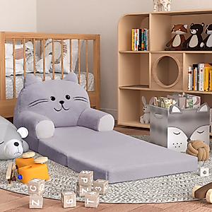 Nebuaegis Kids Sofa Chair for Toddler, 2-in-1 Folding Soft Baby Couch with Removable Cover, Comfy Plush Children's Recliner, Convertible Floor Sofa Bed to Lounger for Girls Boys Age 1-3,Cat Grey
