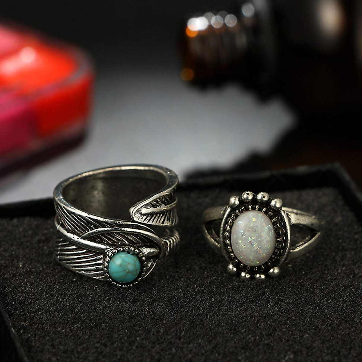 Asphinien 8 Pcs Bohemian Joint Knuckle Rings Set Oval Turquoise Finger Ring Opal Gemstone Teardrop Midi Rings Punk Leaf Index Ring for Women