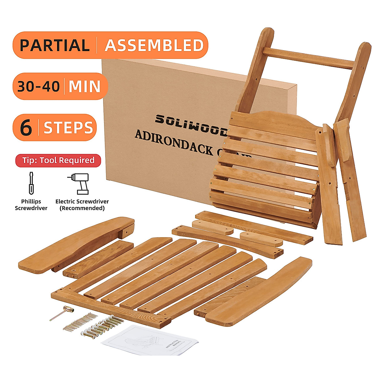 Oversize Wooden Folding Adirondack Chair, Half Pre-Assembled Wood Lounge Chair for Outdoor Patio Garden Lawn Backyard Deck Pool Beach Firepit