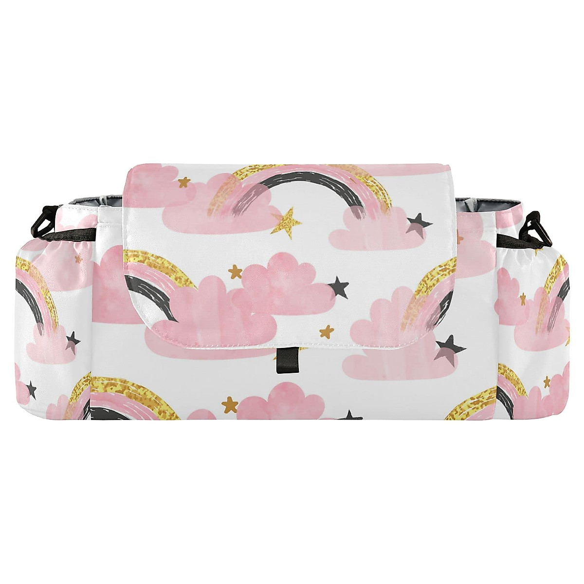 Sinestour Rainbows Clouds Star Stroller Organizer with Cup Holder Universal Stroller Organizer Bag Detachable Shoulder Strap Stroller Accessories for Diaper Keys Phone Toys Fit All Baby Stroller