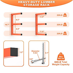 Ultrawall Lumber Storage Rack Wall Mount Wood Storage Racks, Metal Wood Organizer Racks for Shed, Workshop, Garage, Holds Up 220 LBS Per Level (Pack of 4, Orange)