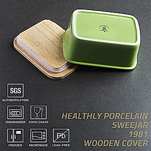 SWEEJAR Porcelain Butter Dish with Lid, Airtight Large Butter Keeper with Wooden Lid, Butter Container Perfect for 2 Sticks of Butter West or East Coast Butter(Green)