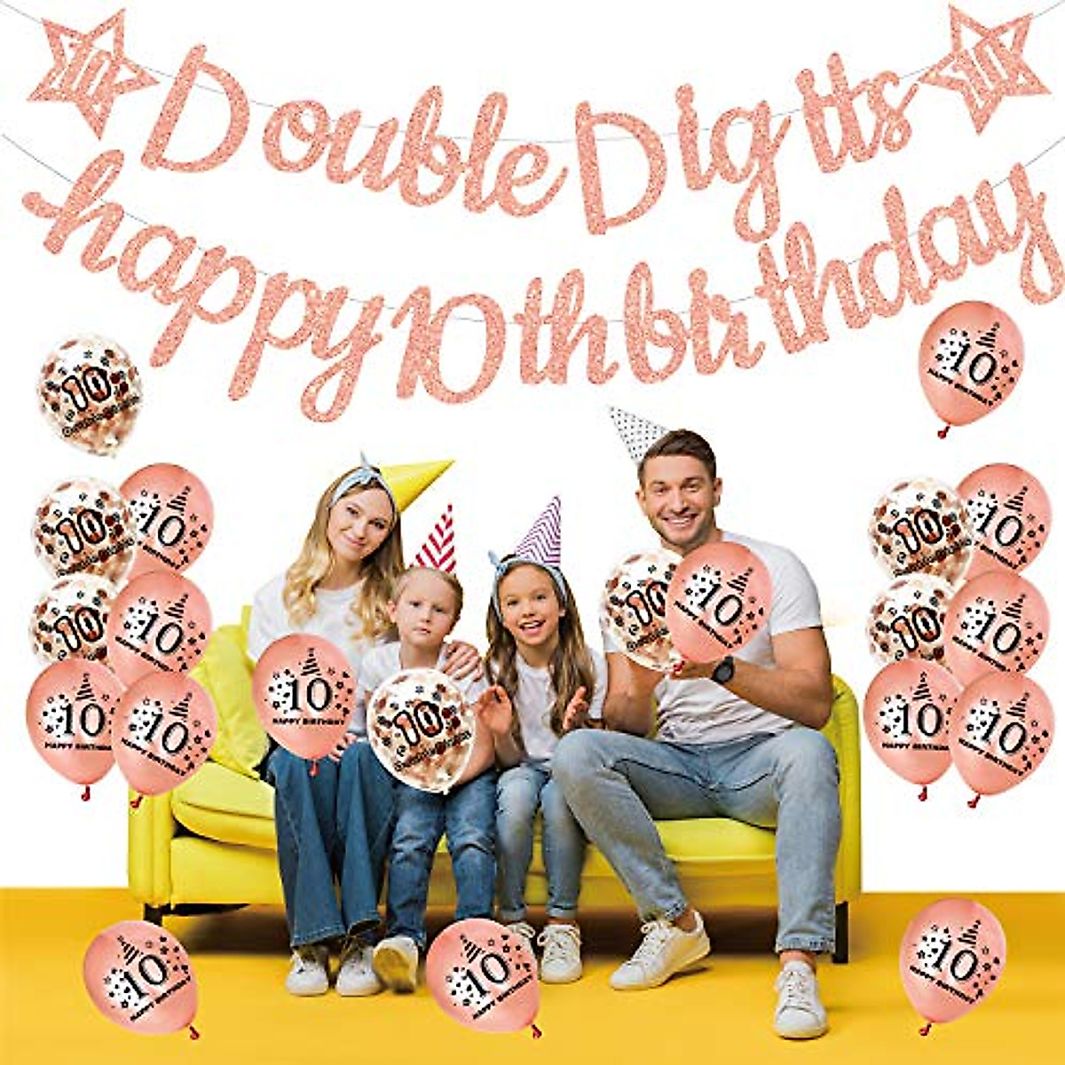 10th Birthday Decorations Banner Balloons - (22pack) Rose Gold Glitter Banner for Girls Boys, Double Digits Banner, Happy 10th Birthday. 20pcs 12 inch Balloons