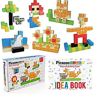 PicassoTiles Magnetic Puzzle Cube Characters + 103 Piece, 9pc with 18 Unique Characters Mix & Match Cubes Sensory Toys, Mix & Match Cubes w/Free Idea Book Sensory Toys, STEAM Learning Building Block