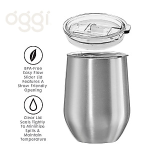 Oggi Cheers 'Celebrate Collection' Stainless Steel Insulated Wine Tumbler - Silver Sparkle, 12oz, with clear slider lid. (Pack of 2)