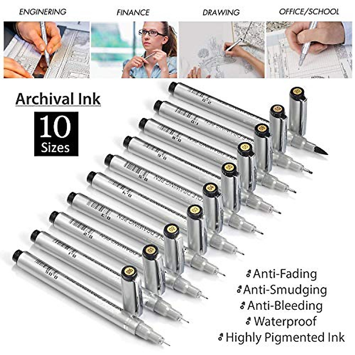 Fhyhej Black Precision Micro Line Pens,Ultra Fine Point Drawing Pen Set, Anti-Bleed Waterproof Archival Ink, Artist Illustration, Technical Drawing, Technical,Drawing,Office Writing,10/Set (Black)