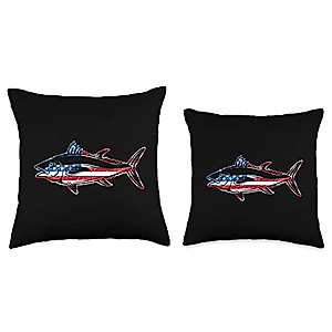Tuna Fishing Items Bluefin Gifts Tuna American Flag Giant Bluefin Fish Fisherman Throw Pillow, 18x18, Multicolor