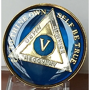 5 Year Midnight Blue AA Alcoholics Anonymous Medallion Chip Tri Plate Gold & Nickel Plated Serenity Prayer