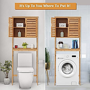 Kinfant Over The Toilet Storage Cabinet - with Adjustable Shelf and 6 Hooks Space Saver Double Door Organizer, Natural