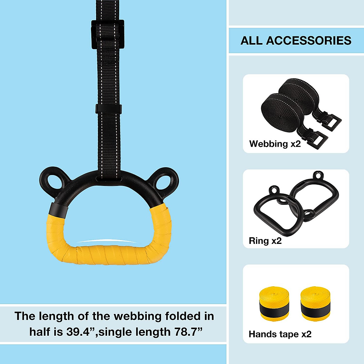 EXQ Home Kids Gymnastic Rings Pull up Rings for Chlidren Exercise,Indoor Gym Ring,Kids Gymnastics Rings with Adjustable Straps,Load Bearing 220lb,Yellow Hands Tape (NO Bar)